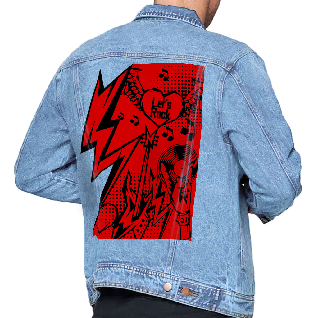 Rock 'n' Roll Themed Light Washed Men's Denim Jacket - Cool Art Denim ...